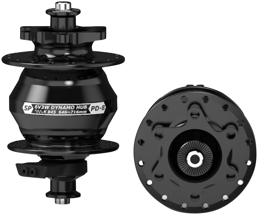 SP 8 Series Dynamo Front Hub - PD-8 6V- 3W QR x 100mm 6-Bolt 32H Black ...